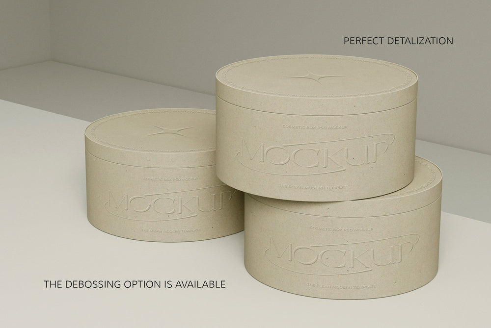 3 Round Cardboard Boxes PSD Mockup by Softulka