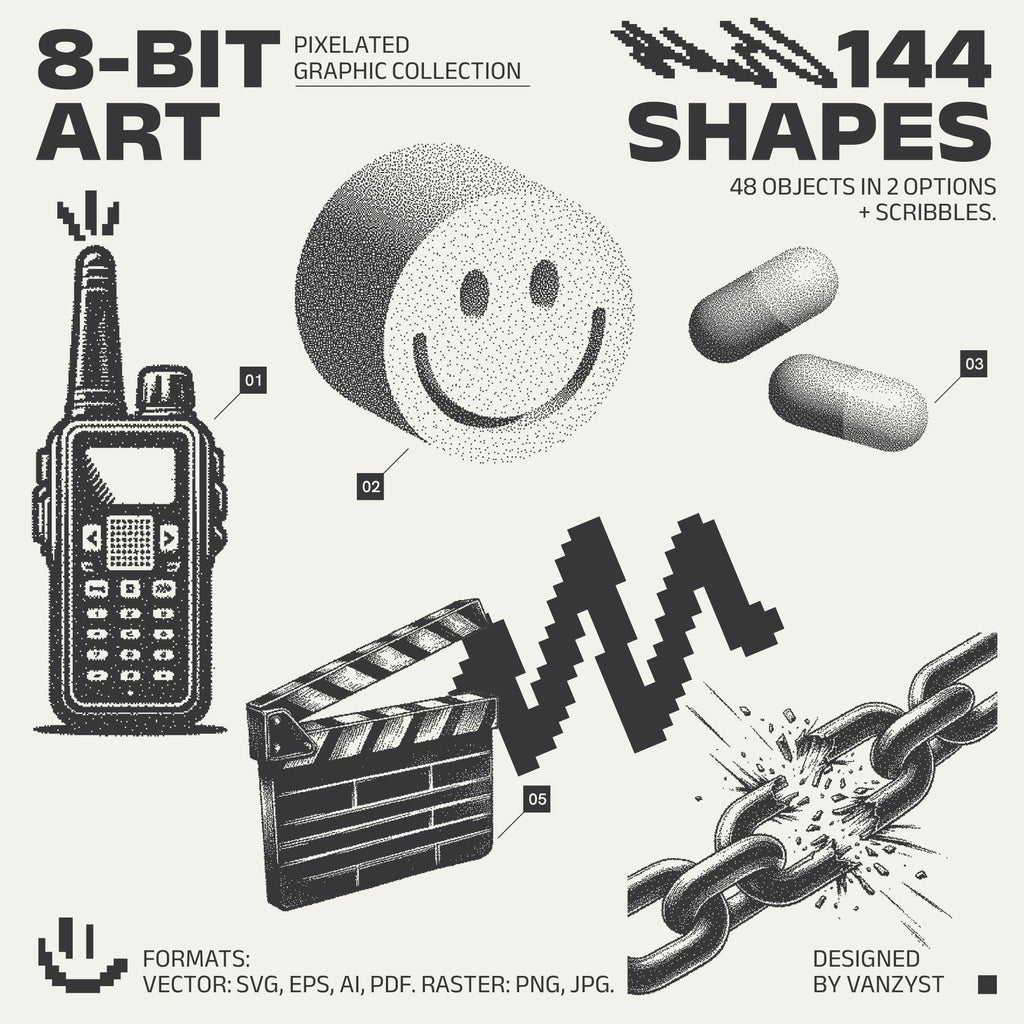 8-Bit Art. Pixelated Graphic Pack by Vanzyst