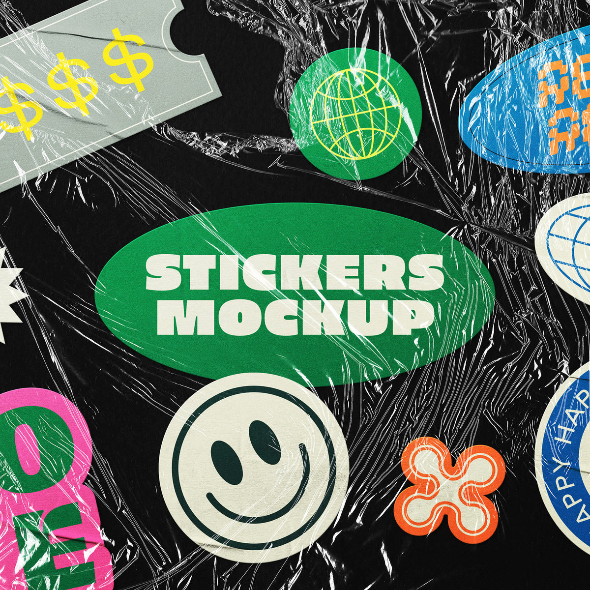 Wrinkled Plastic Stickers Mockup by Pixelbuddha